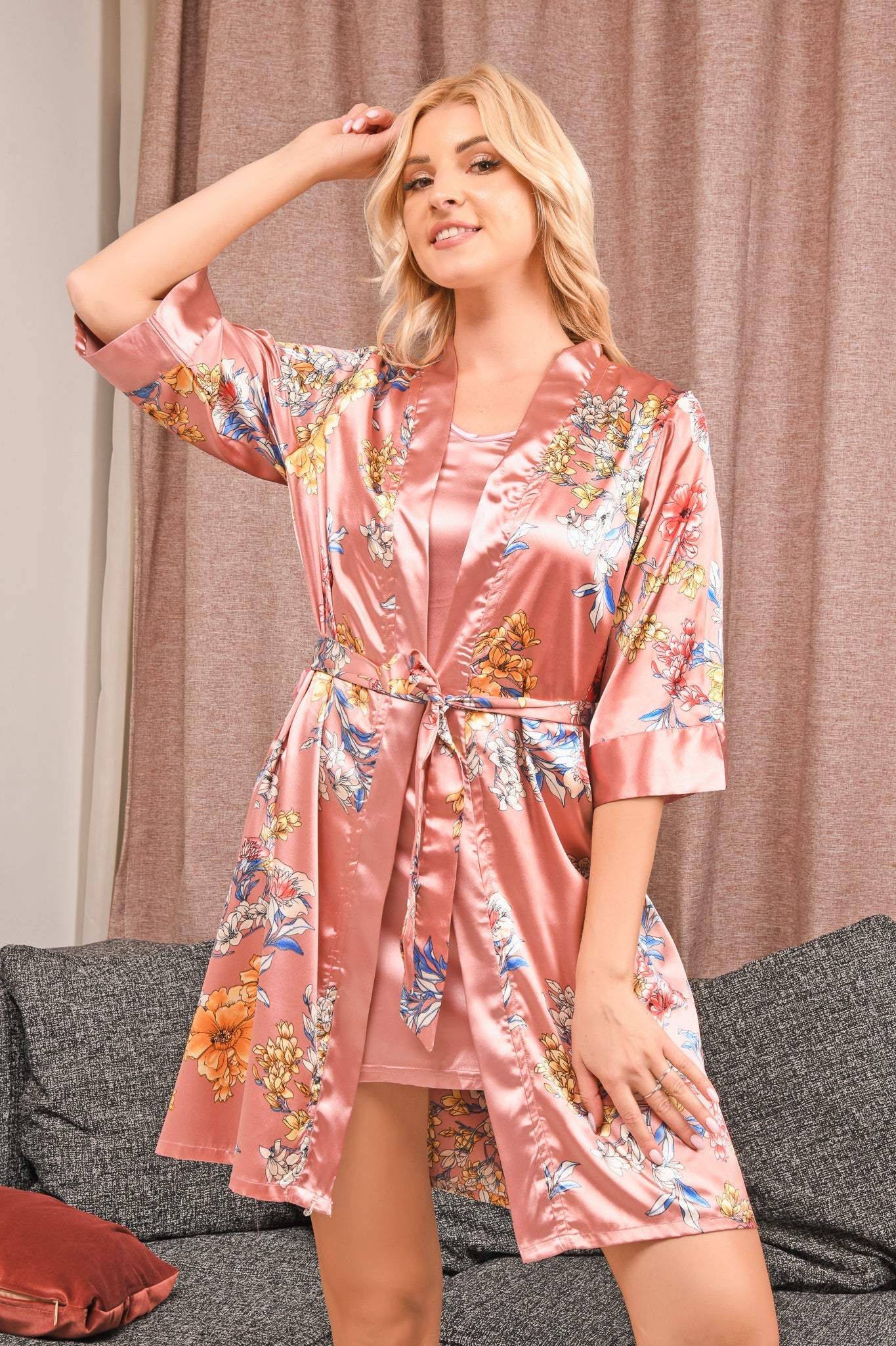 Trendy Satin Set Plain Nightdress with Printed robe